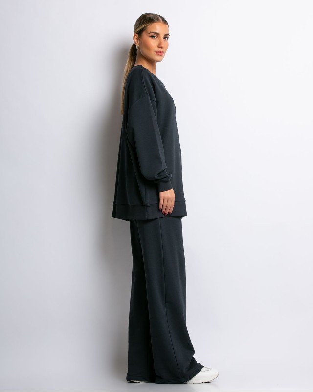 Σετ φούτερ αχνούδιαστο oversized - φόρμα ψηλόμεση φαρδιά ανθρακί