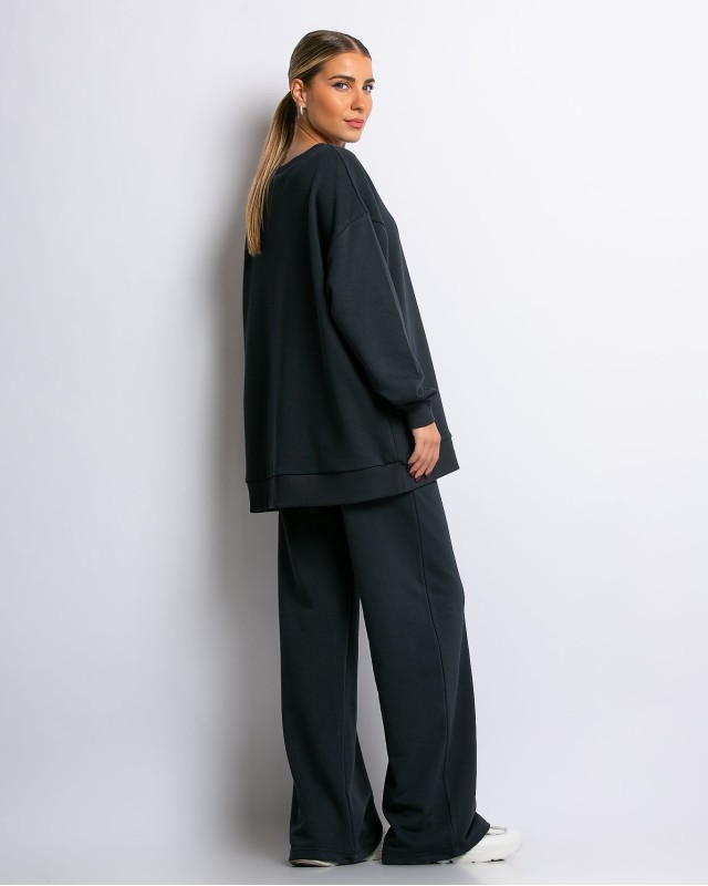 Σετ φούτερ αχνούδιαστο oversized - φόρμα ψηλόμεση φαρδιά ανθρακί
