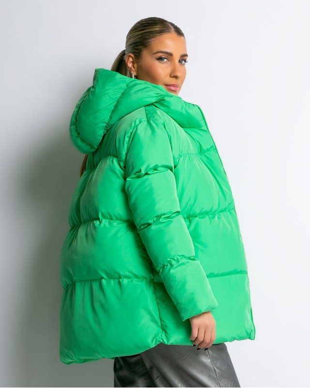 Μπουφάν puffer με κουκούλα και τσέπες πράσινο