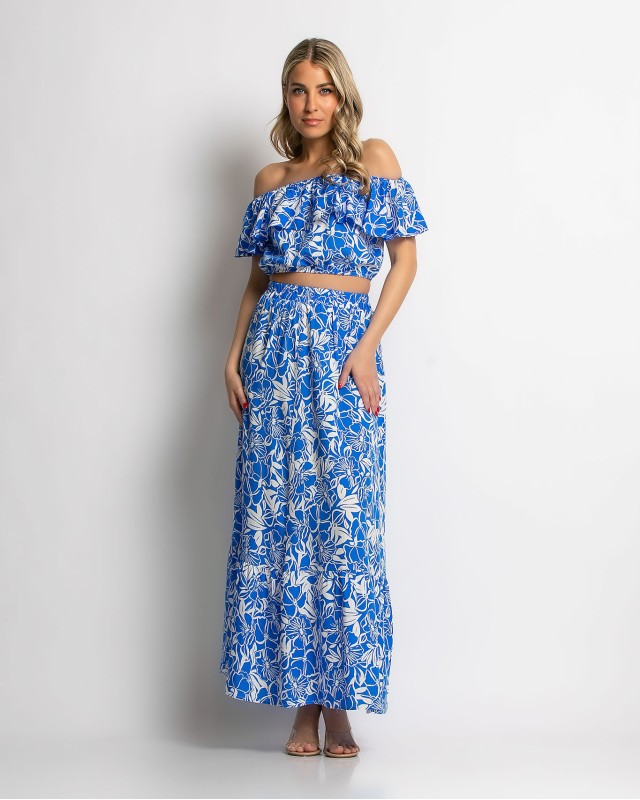 Σετ crop top και φούστα με λάστιχο στην μέση εμπριμέ μπλε