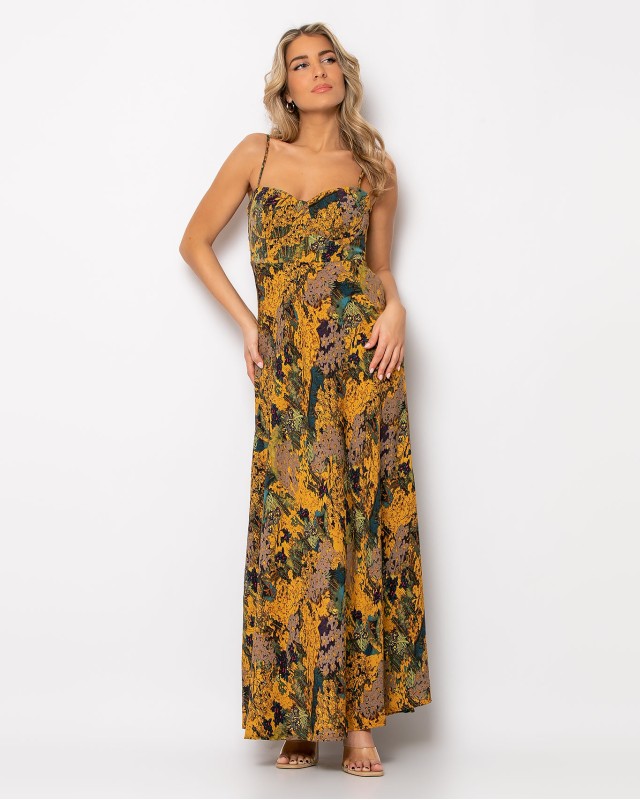 Φόρεμα maxi με cups και λεπτή ράντα Μουσταρδί