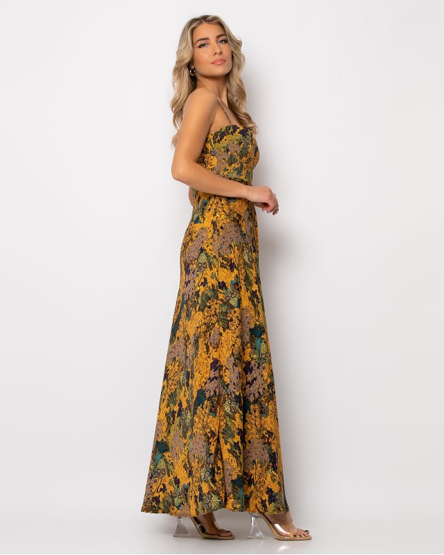 Φόρεμα maxi με cups και λεπτή ράντα Μουσταρδί